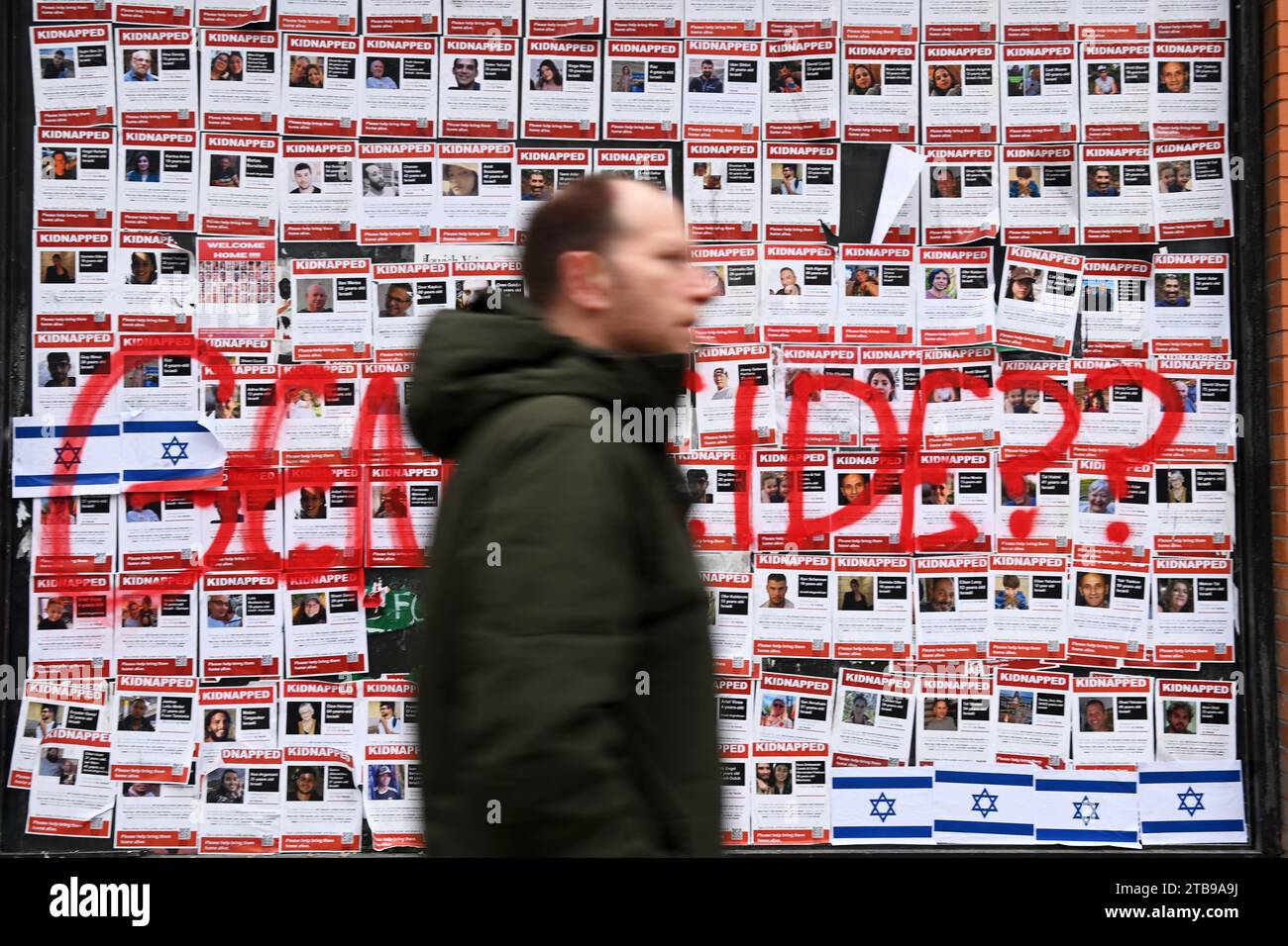 New York, New York, USA. 4th Dec, 2023. Israel Kidnap victim posters ...