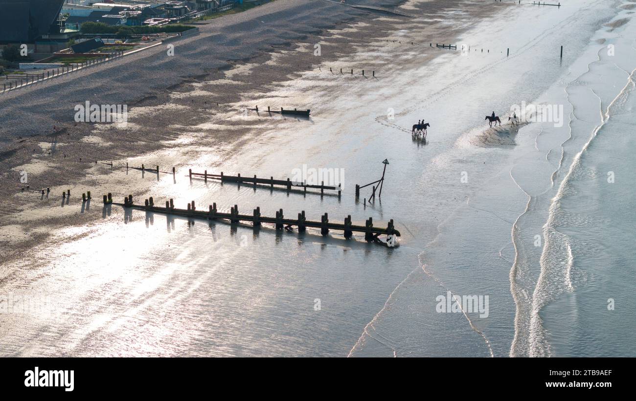 Bracklesham Bay on a sunny summer morning. Elevated view showing the ...