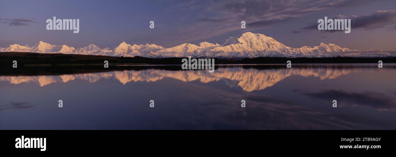 Mount Denali and reflection at sunset; Alaska, United States of America ...