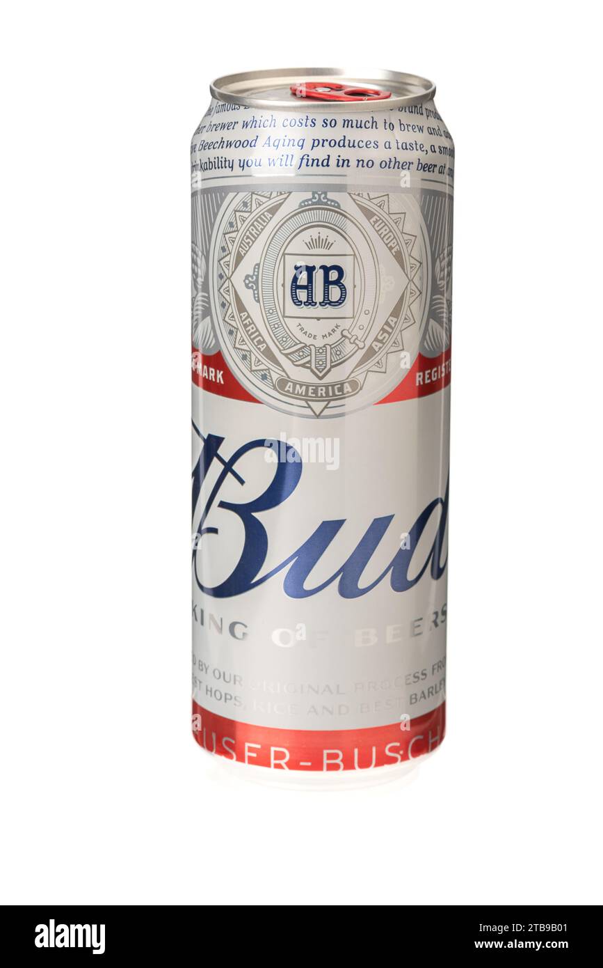 Moscow, Russia - November 30, 2023: Closed can of BUD beer on a white ...