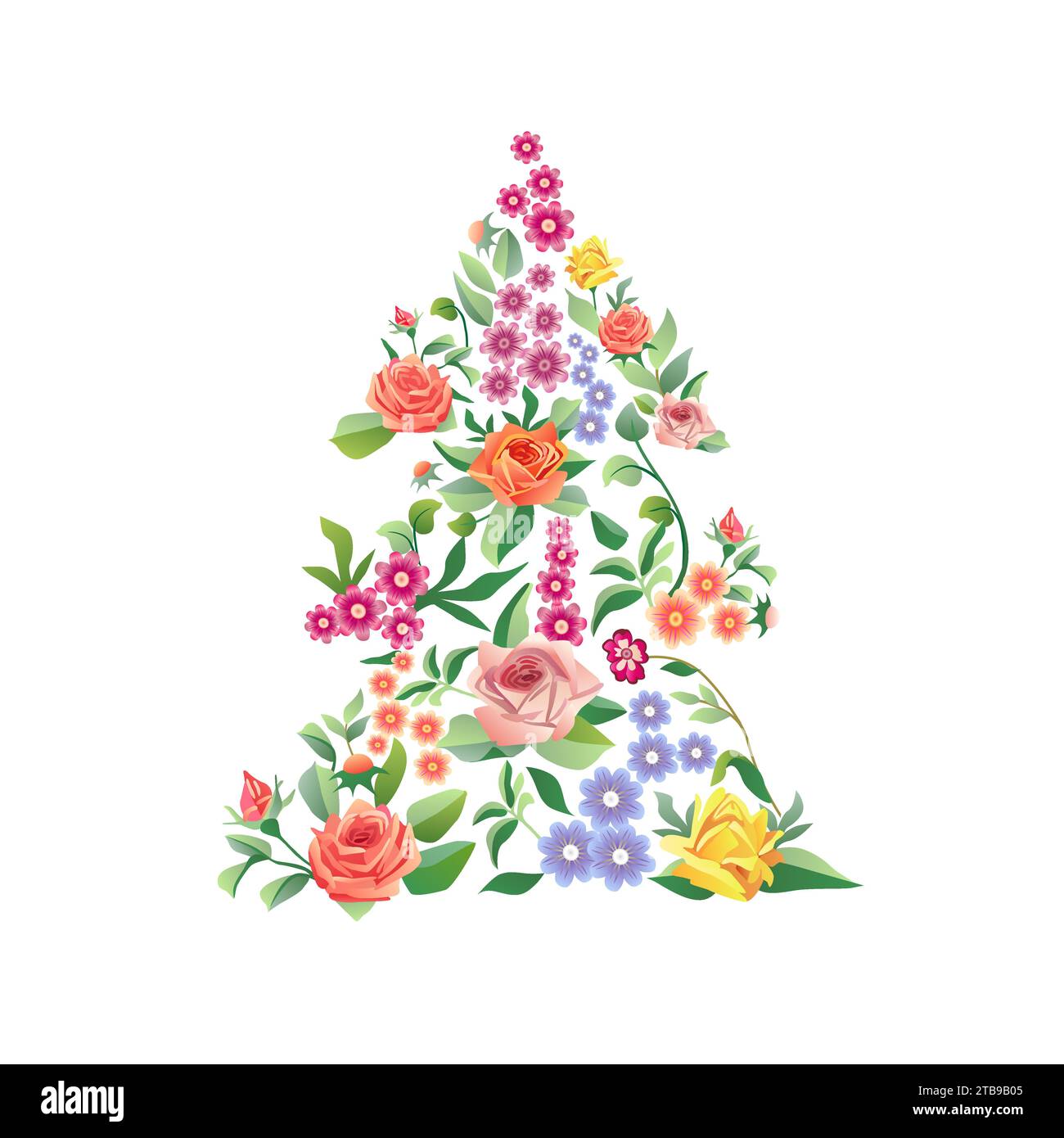 Creative floral Christmas tree. X mas decoration. Set of vintage roses ...