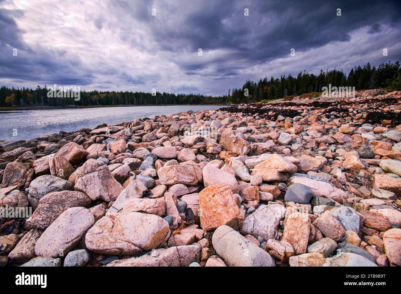 Rocks line the coast of Acadia National Park; Maine, United States of ...