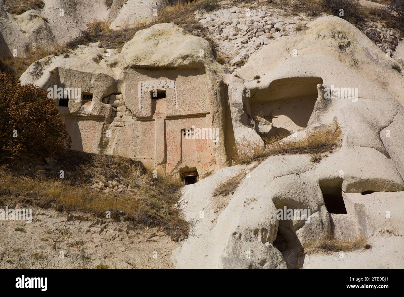 Close-up of Cave Church facade carved into the rock formations near the ...