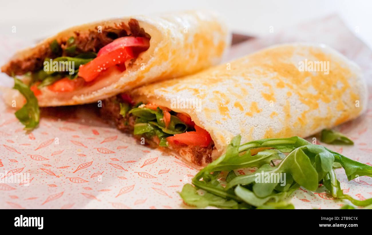 Closeup of tapioca flour with parmesan crust filled with lean shredded ...