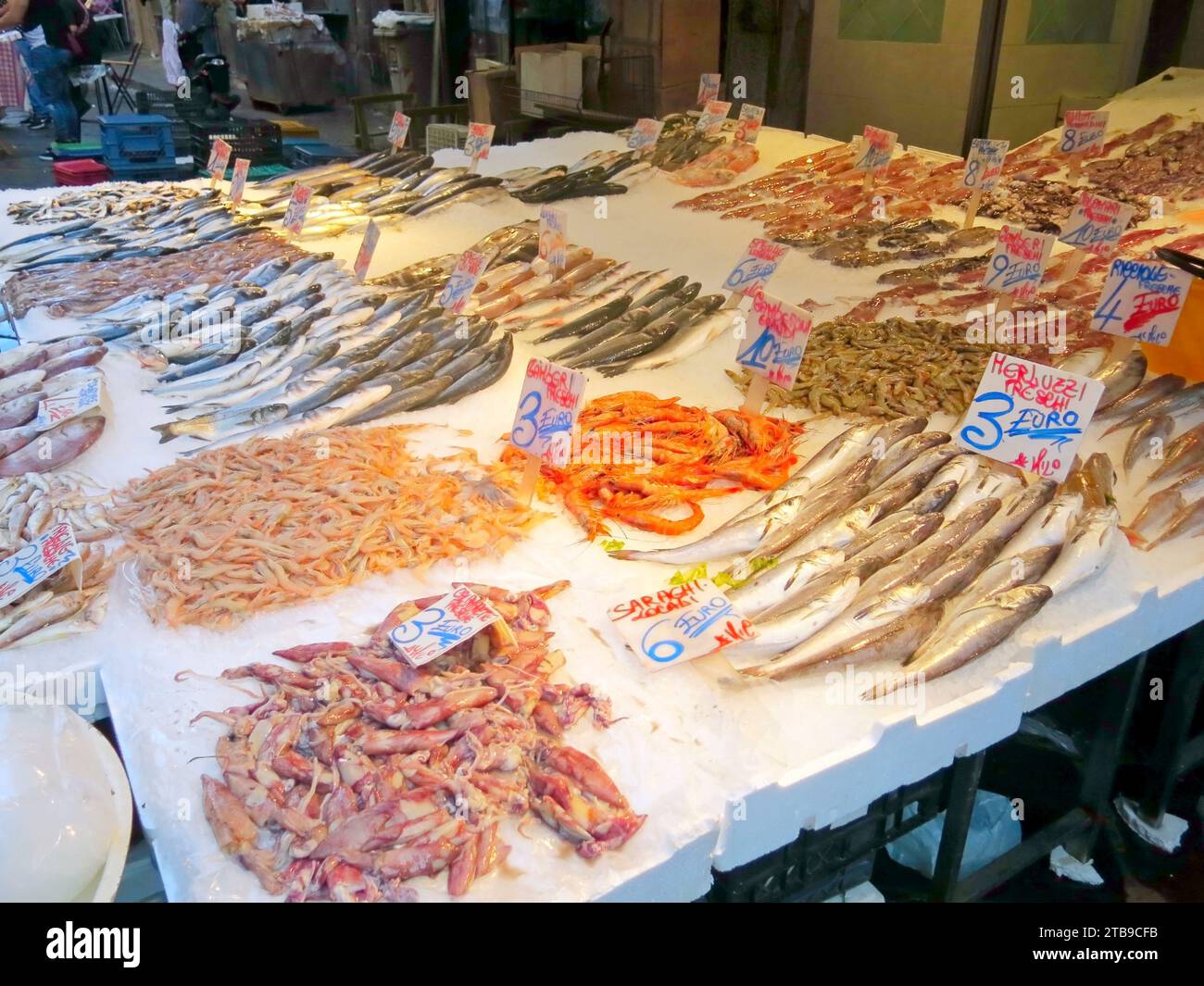 well-stocked fishmonger s counter at the fish market with names in ...