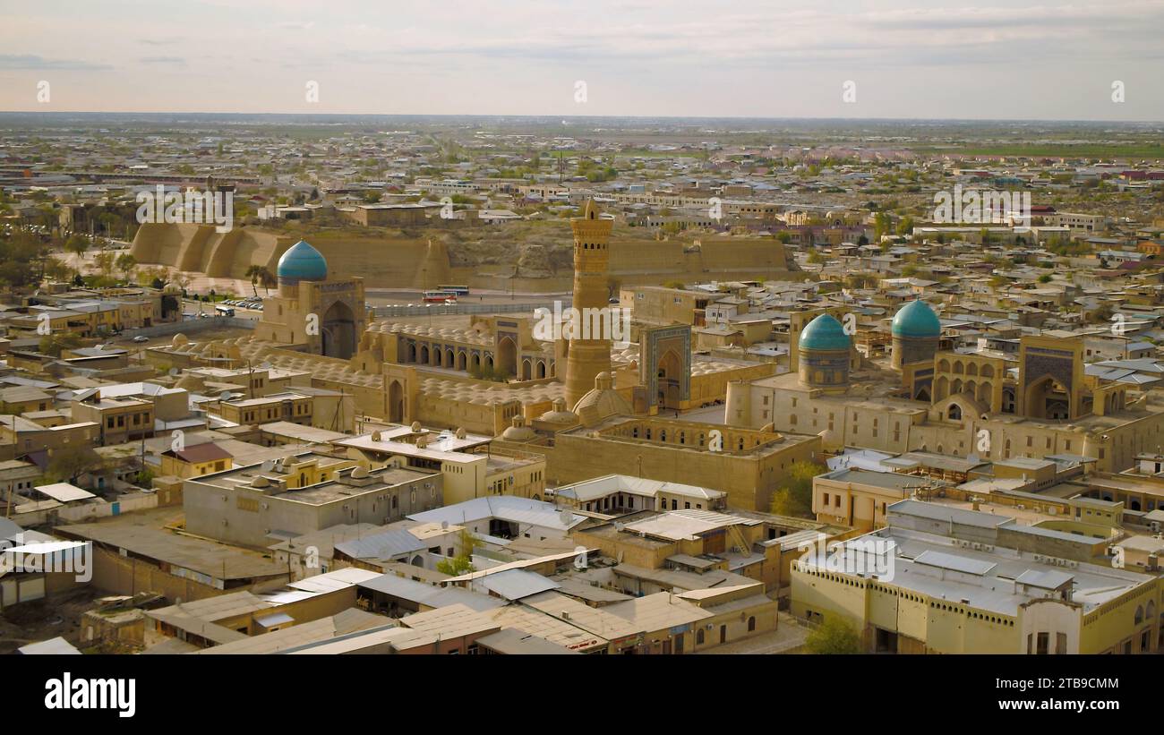 Aerial view of Kalan Mosque in Bukhara city of Uzbekistan with Ark of ...
