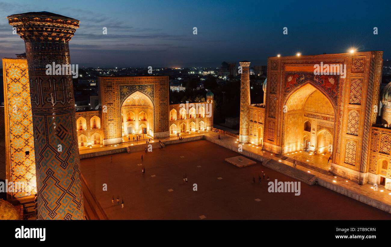 Aerial view of Registan Square in Samarkand Uzbekistan at night Stock ...