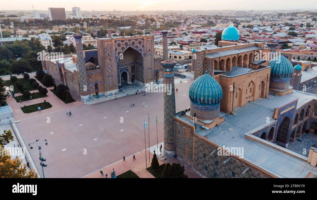 Aerial view of Registan Square in Samarkand Uzbekistan during sunset ...