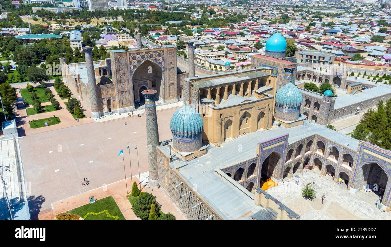 Aerial view of Registan Square in Samarkand Uzbekistan with city ...