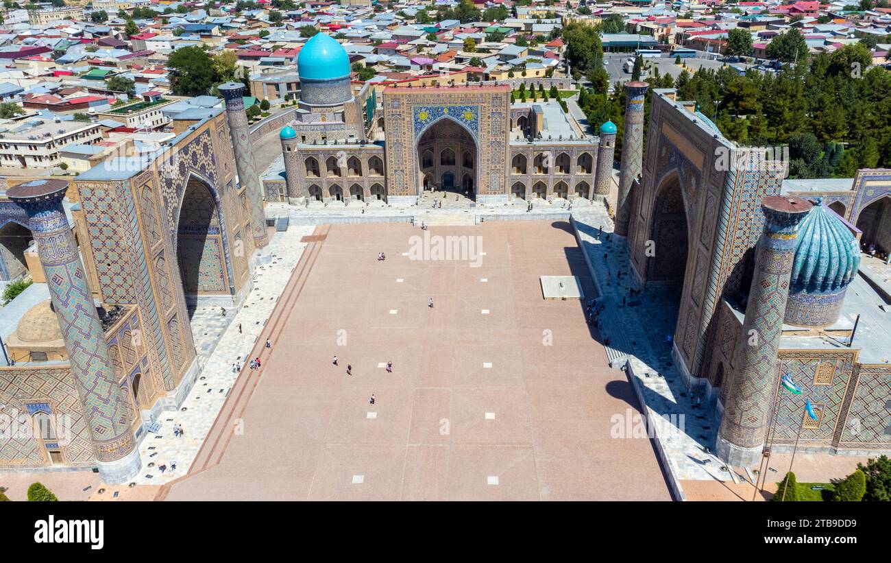 Aerial view of Registan Square in Samarkand Uzbekistan with city ...