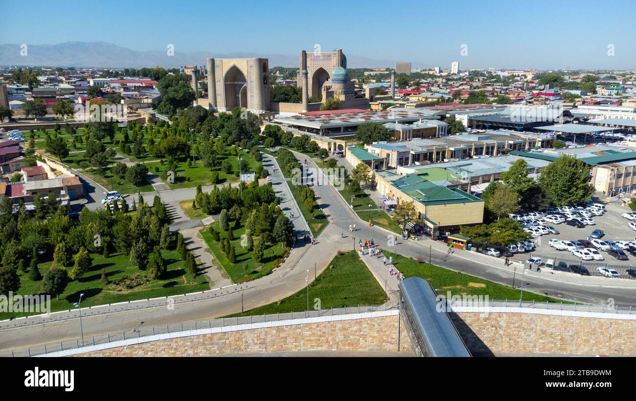 Aerial view of Bibi-Khanym Mosque in Samarkand Uzbekistan Stock Photo ...