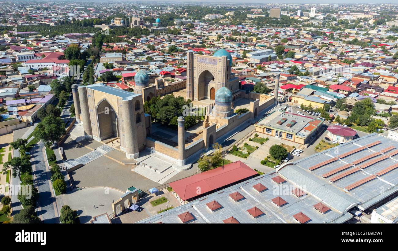 Aerial view of Bibi-Khanym Mosque in Samarkand Uzbekistan Stock Photo ...