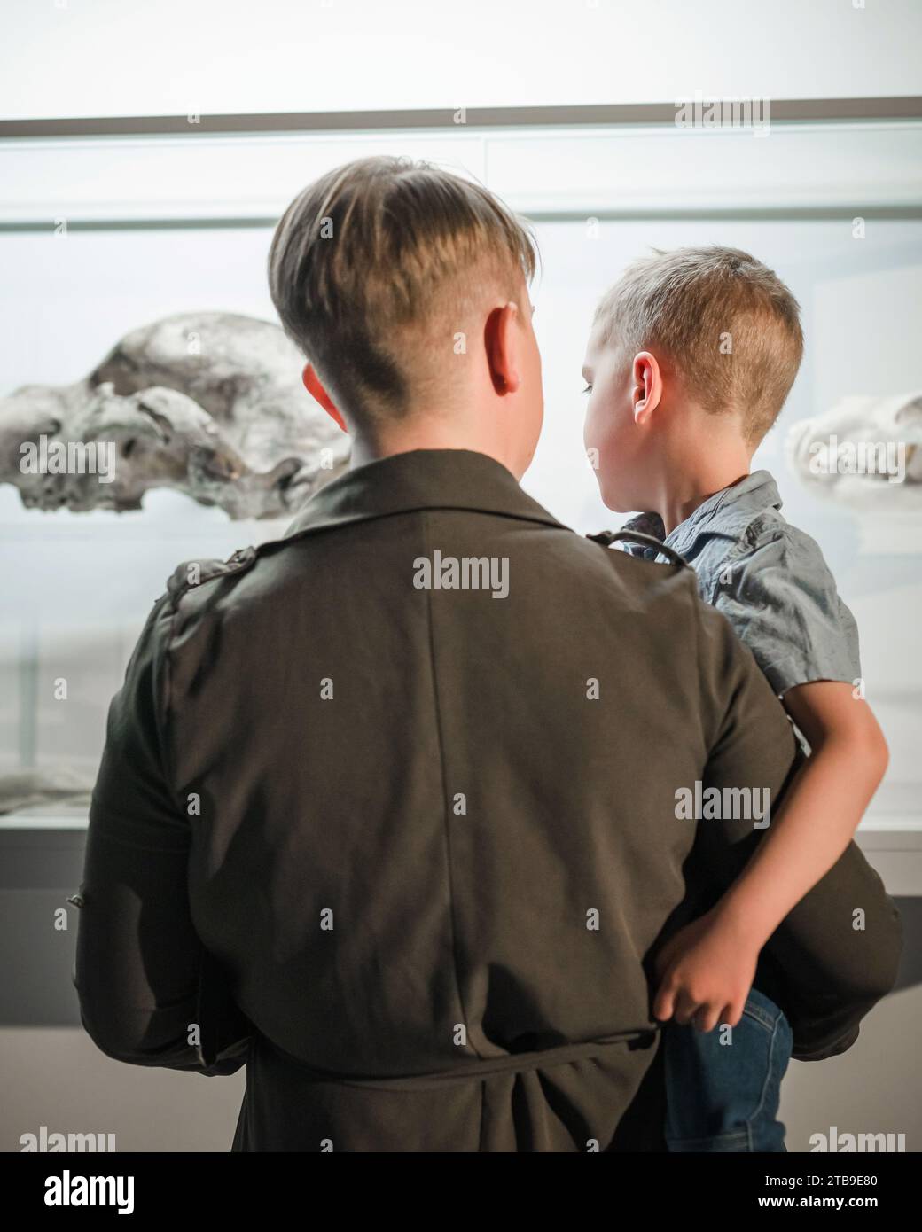 Curious little boy in his mothers arms looking at an animal skeleton in ...