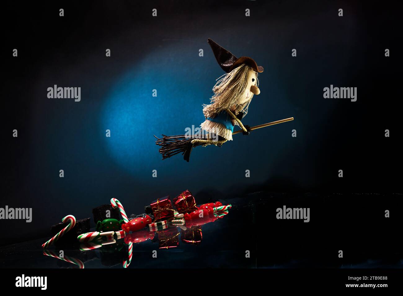 Italian Epiphany day tradition. Witch Befana flying on broomstick, moon ...