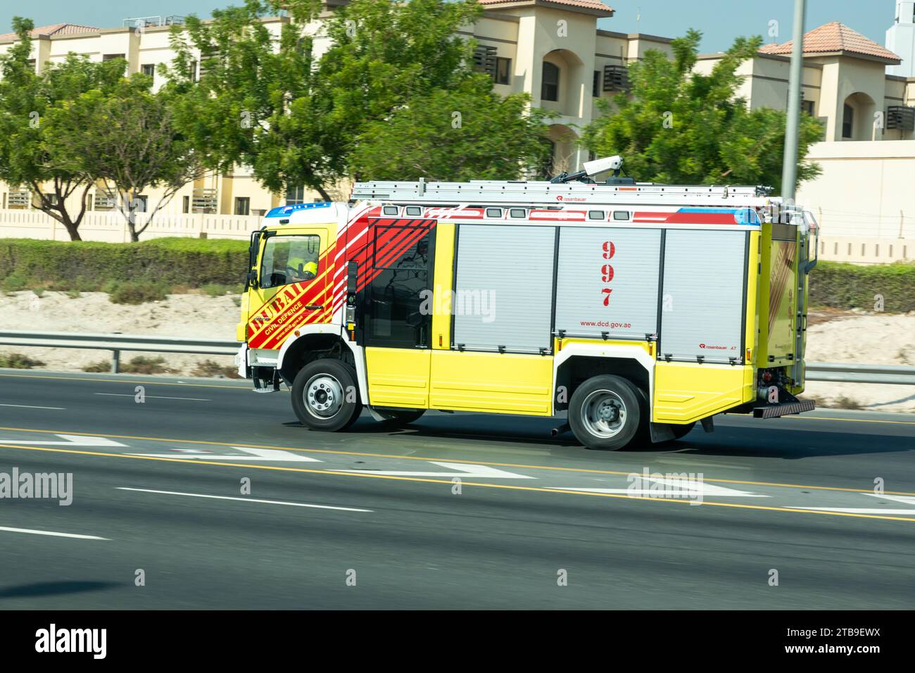 Dubai, United Arab Emirates - October 12, 2023: Moving fire engine car ...