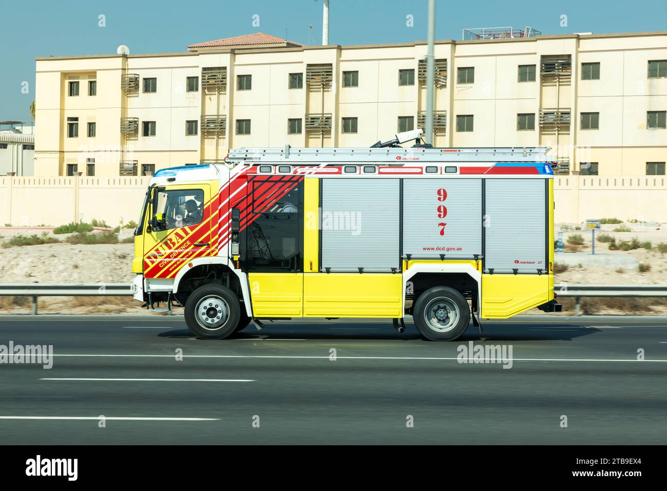Dubai, United Arab Emirates - October 12, 2023: Moving fire engine car ...