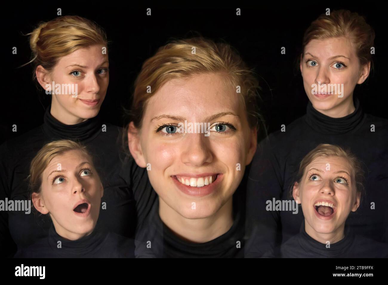 Young woman has several portraits in one frame with a multiple exposure ...