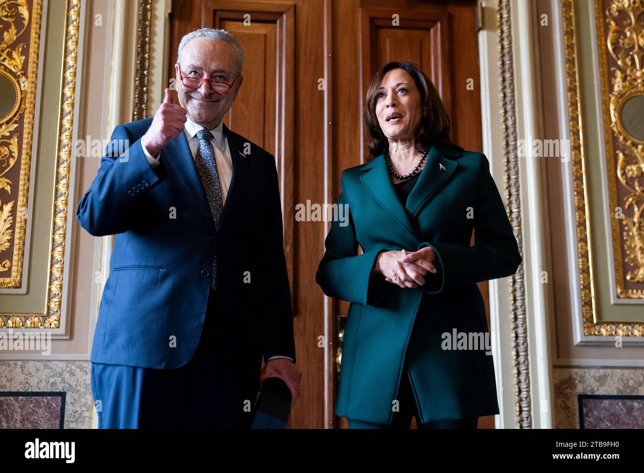 Senate Majority Leader Sen. Chuck Schumer, D-N.Y., gives a thumbs up ...