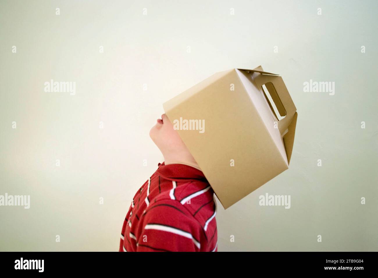 Young boy playing with a box on his head; Studio Stock Photo - Alamy