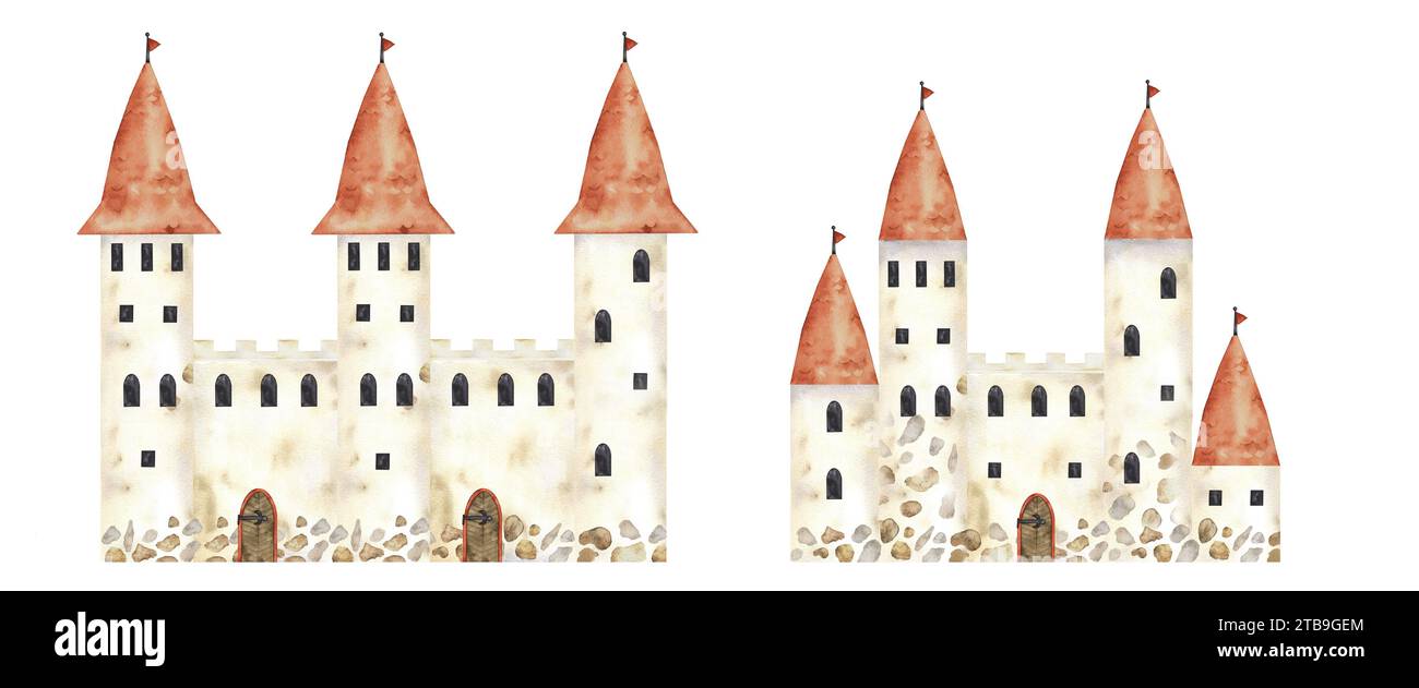 Medieval childish castle watercolor hand drawn illustration. Paint ...