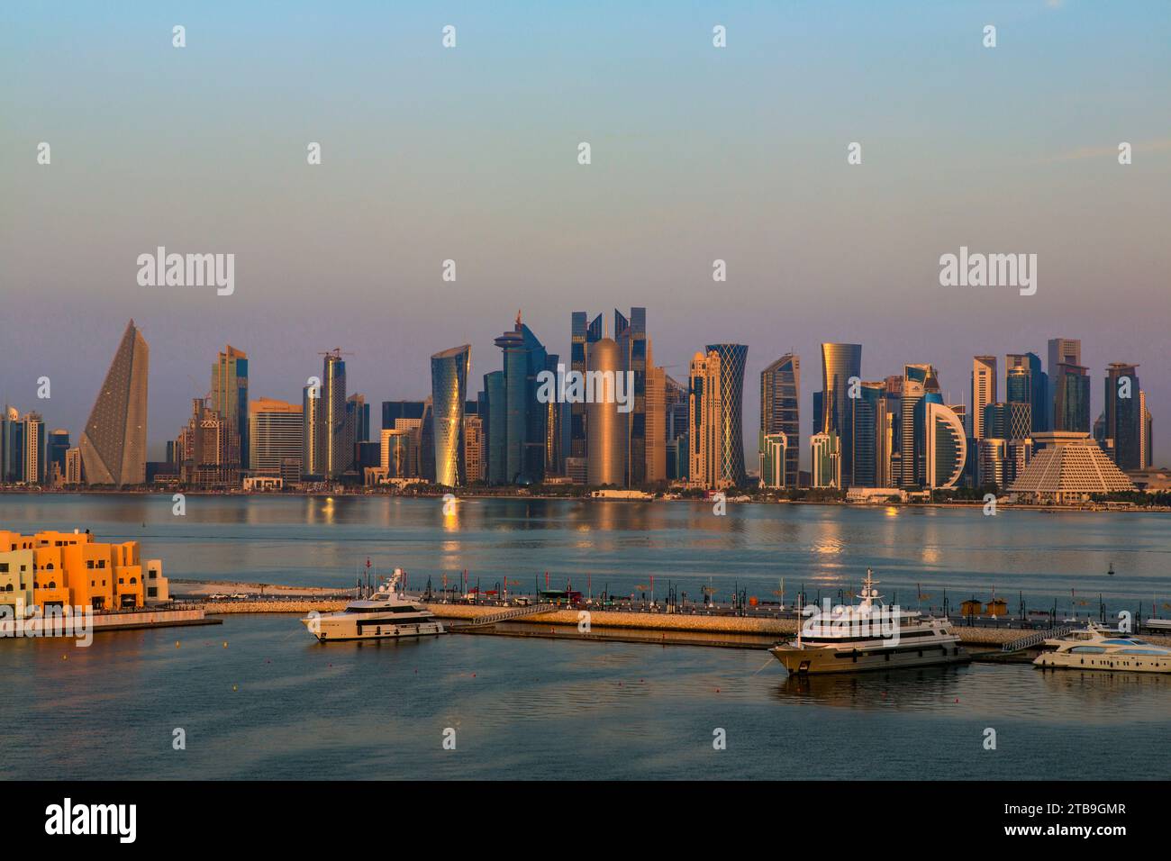 The skyline of the capital city of Doha at sunrise; Doha, Qatar Stock ...