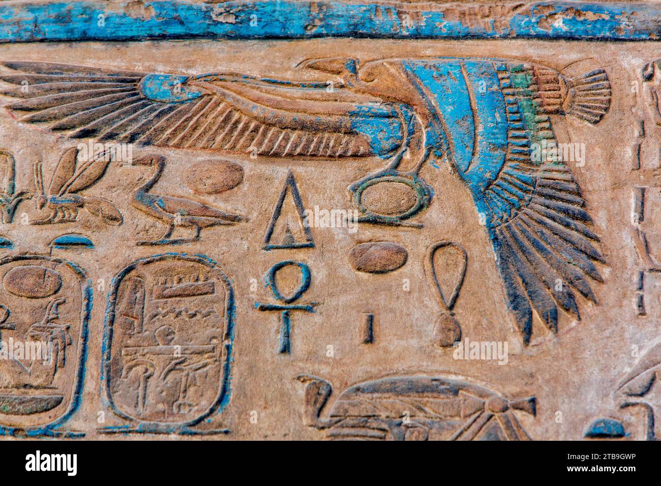 Close-up of temple wall with ancient Egyptian Hieroglyphic details ...