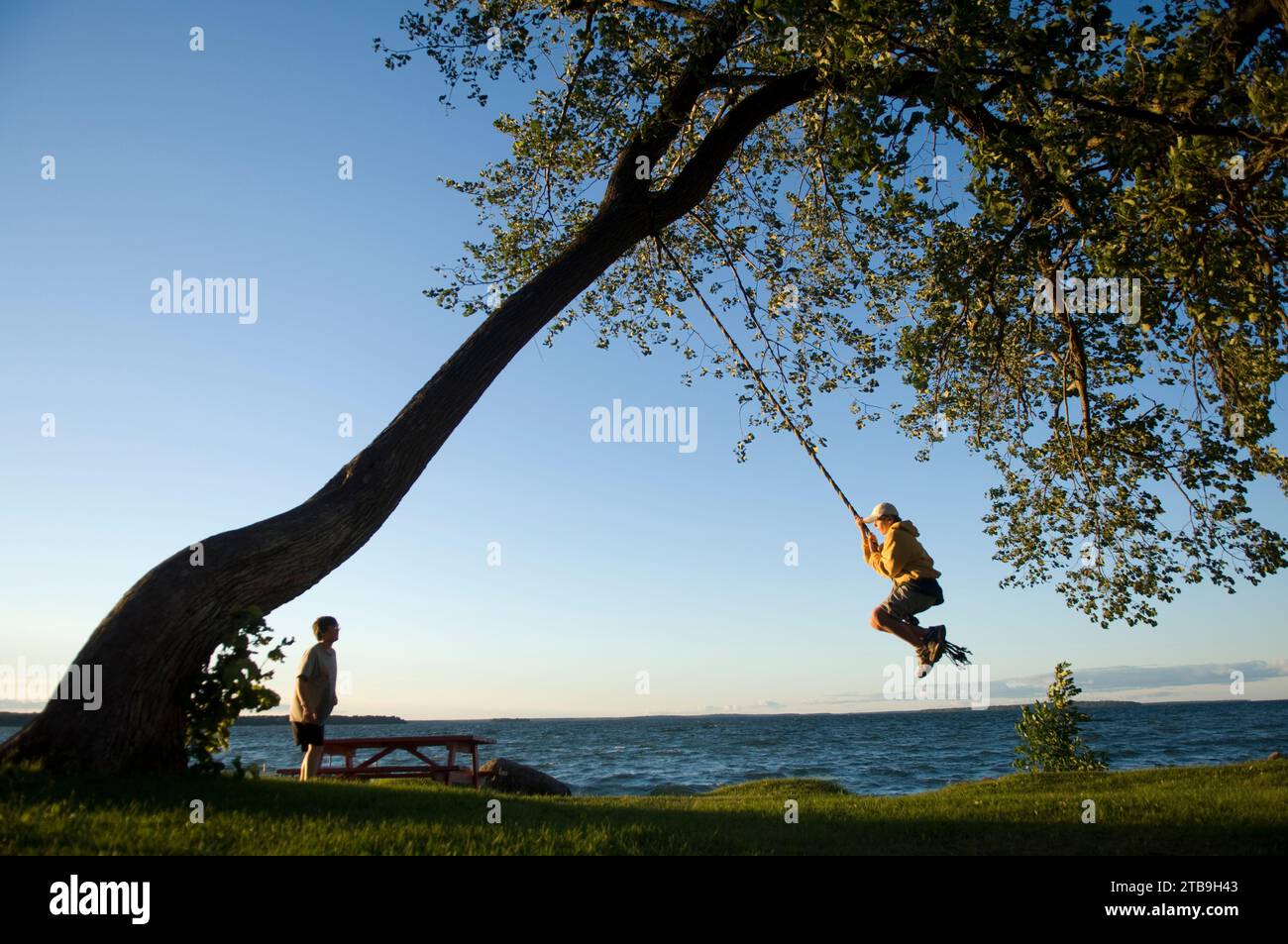 Two teenage boys play on a rope swing along Leech Lake in Minnesota ...