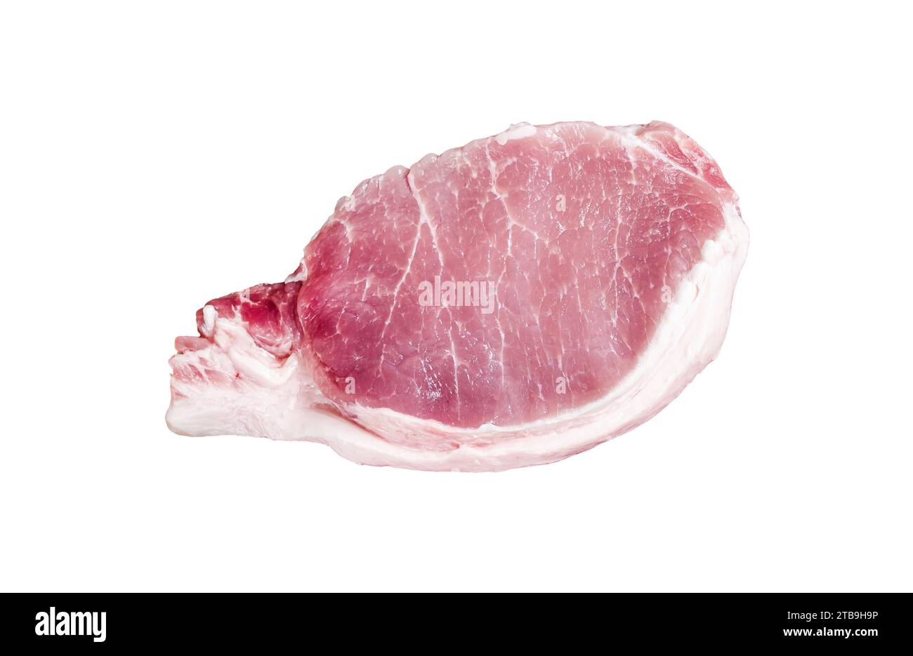 Raw pork cutlet chop steak for fry on pan with herbs Isolated, white ...