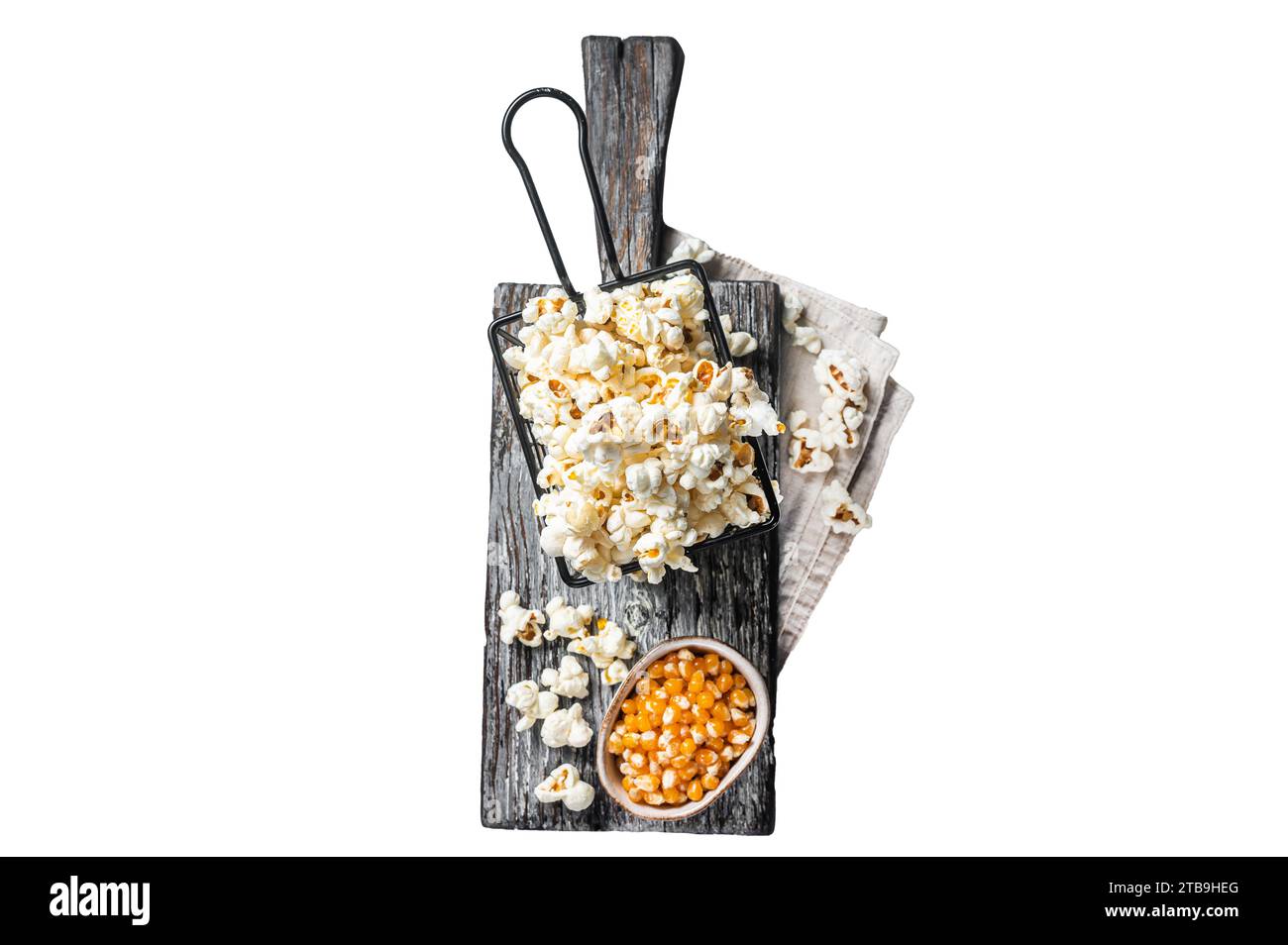 Homemade Buttered cheese popcorn in a basket. Isolated, white ...