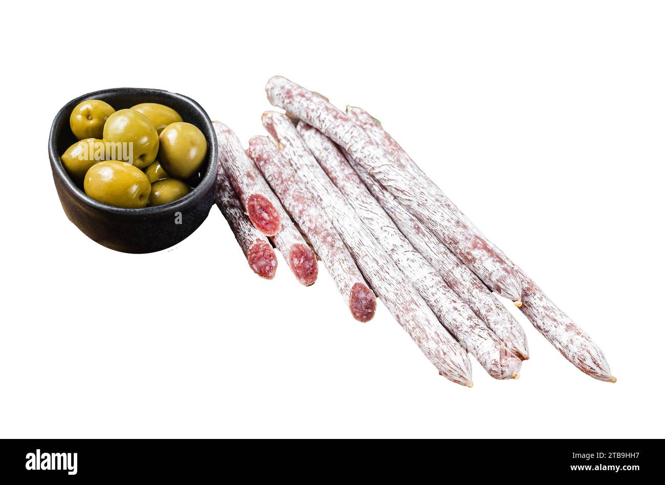 Spanish dry salami sausage Fuet with rosemary on wooden cutting board ...