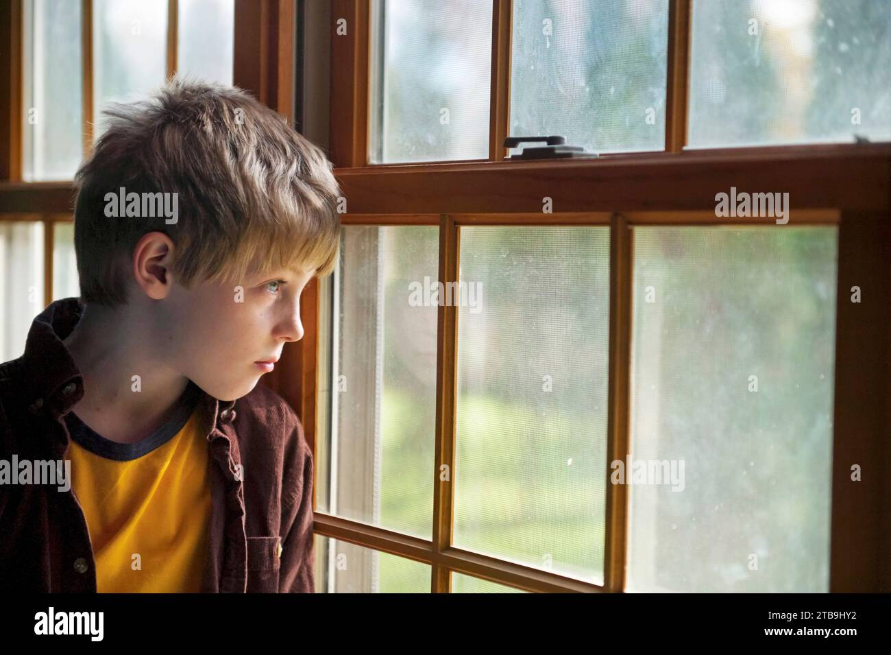 Young boy looking out of a window; Lincoln, Nebraska, United States of ...