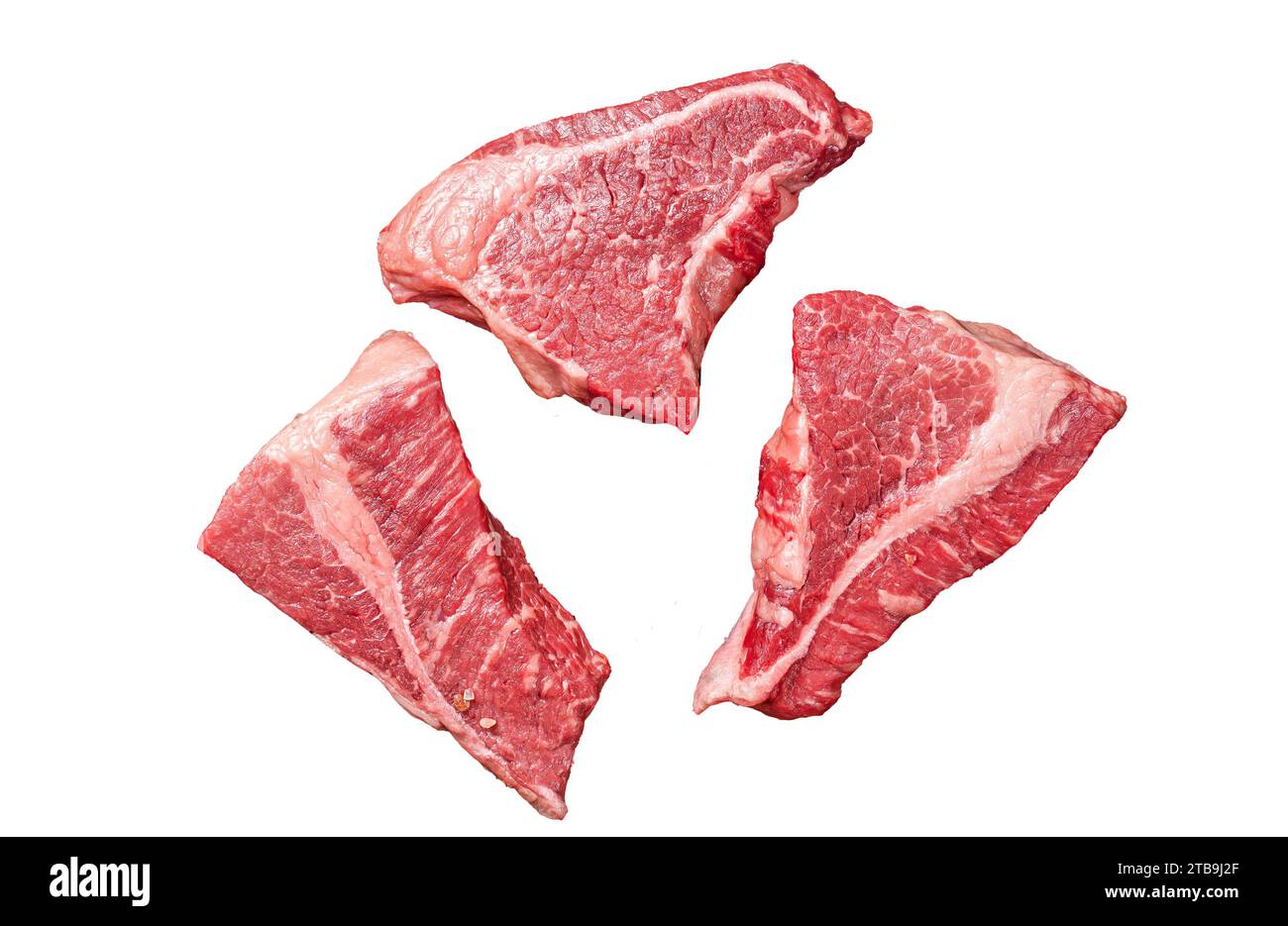 Raw sirloin beef steak, Rump steak cut on a grill skillet. Isolated ...