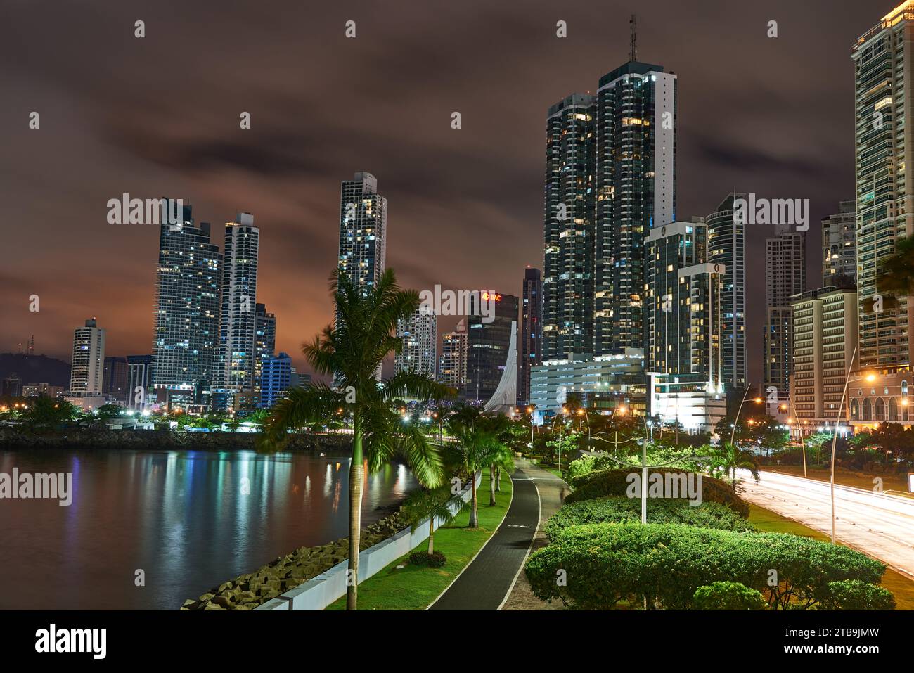 View of the Cinta Costera at Night, Panama City, Republic of Panama ...