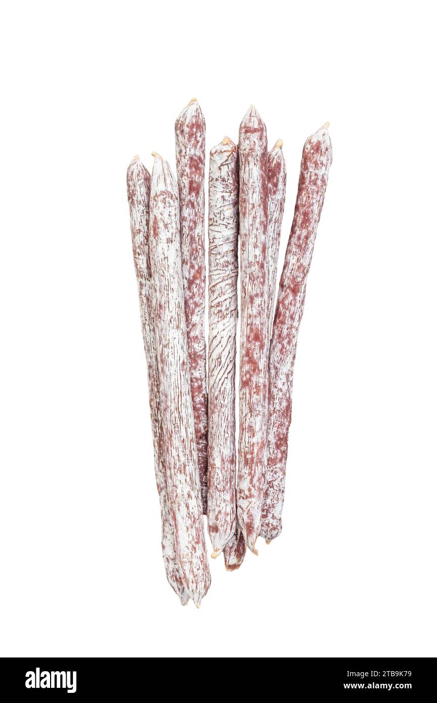 Traditional Spanish mini fuet sausage. Isolated, white background Stock ...