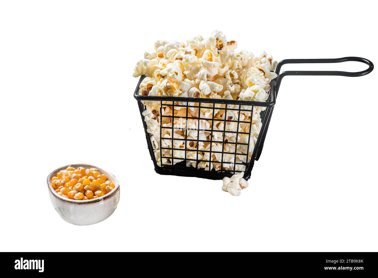 Homemade Buttered cheese popcorn in a basket Isolated, white background ...