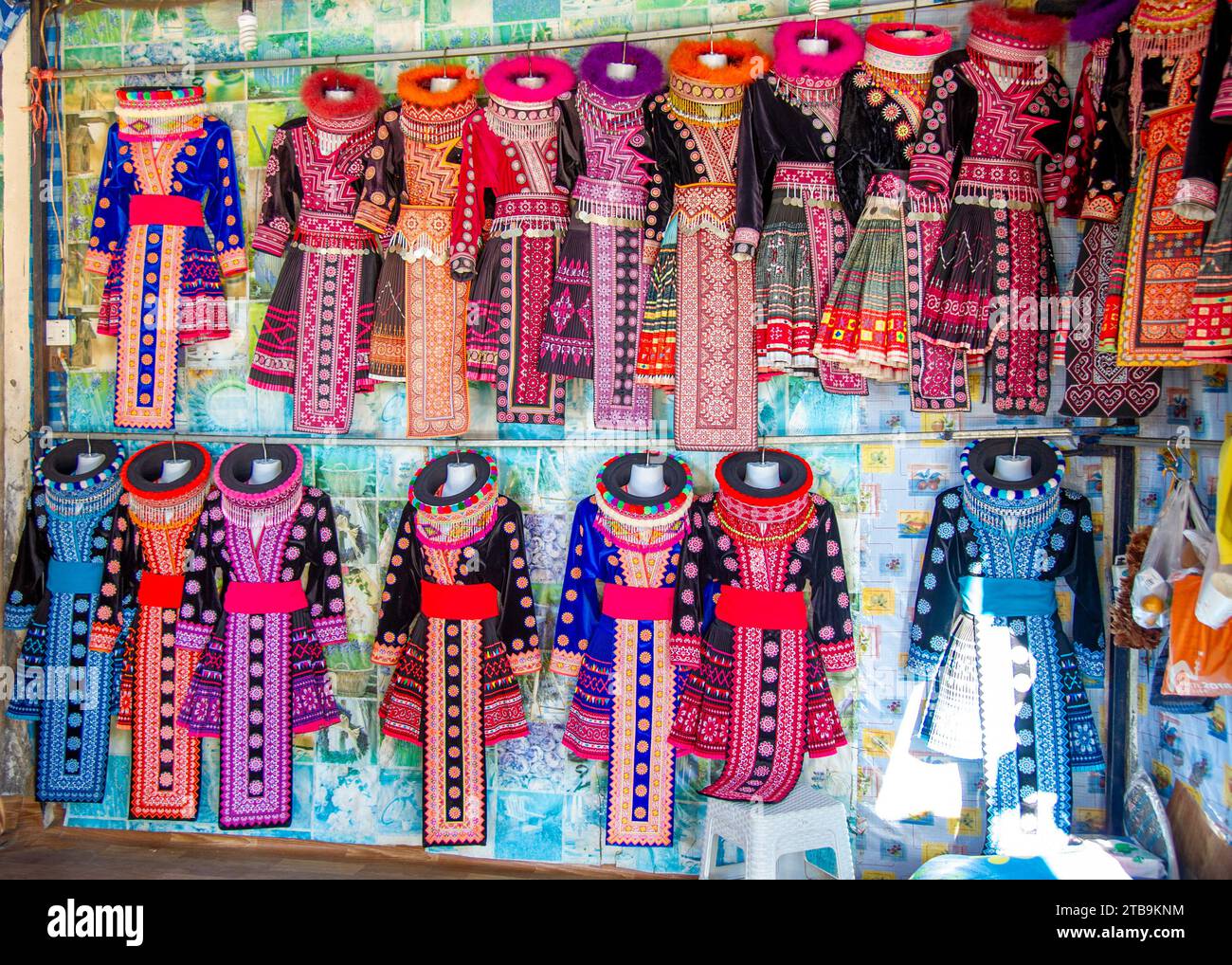 A village in northern Thailand with colourful traditional clothes and ...