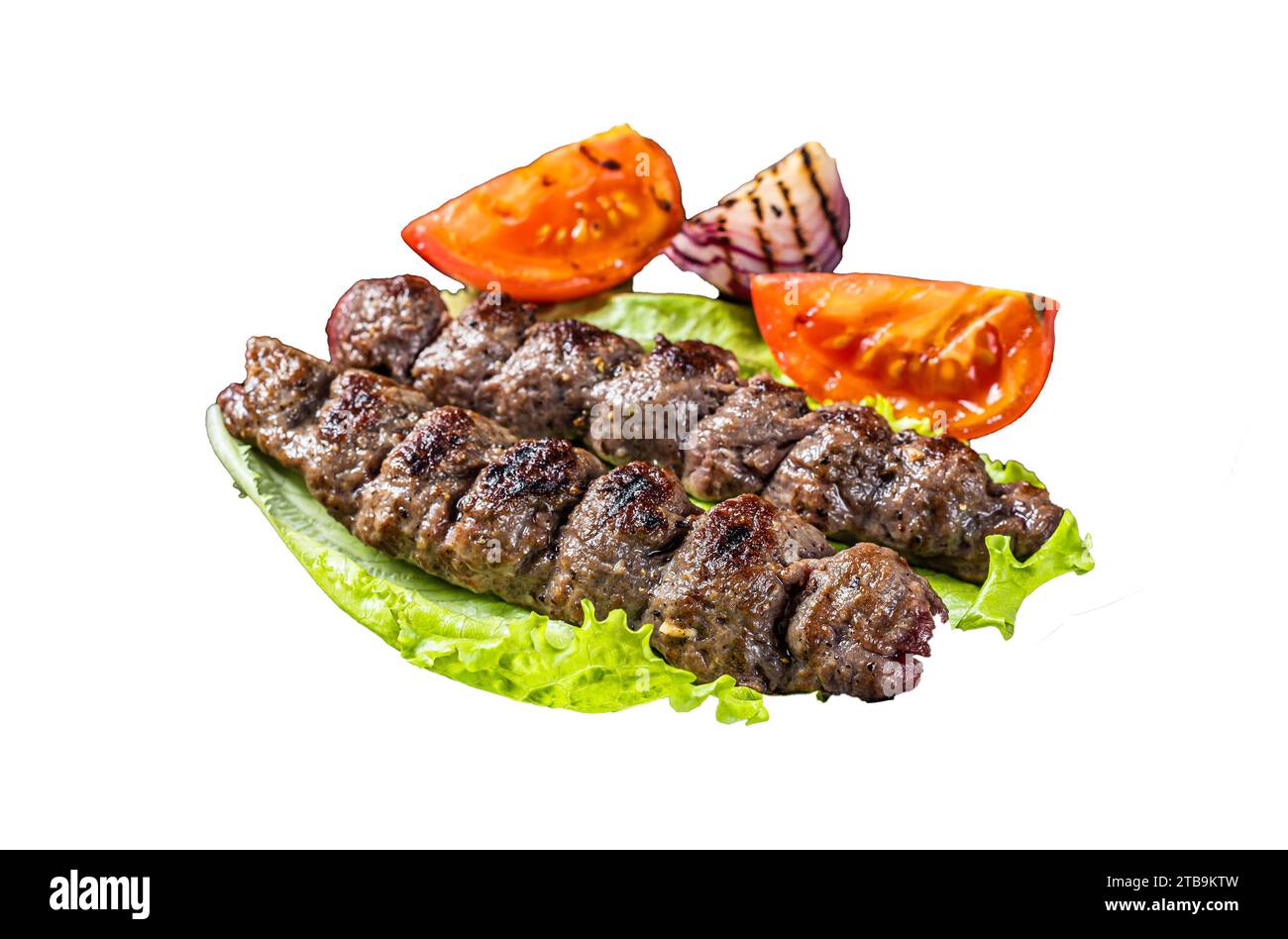 Grilled Urfa kebab with tomato, salad and onion. Isolated, white ...