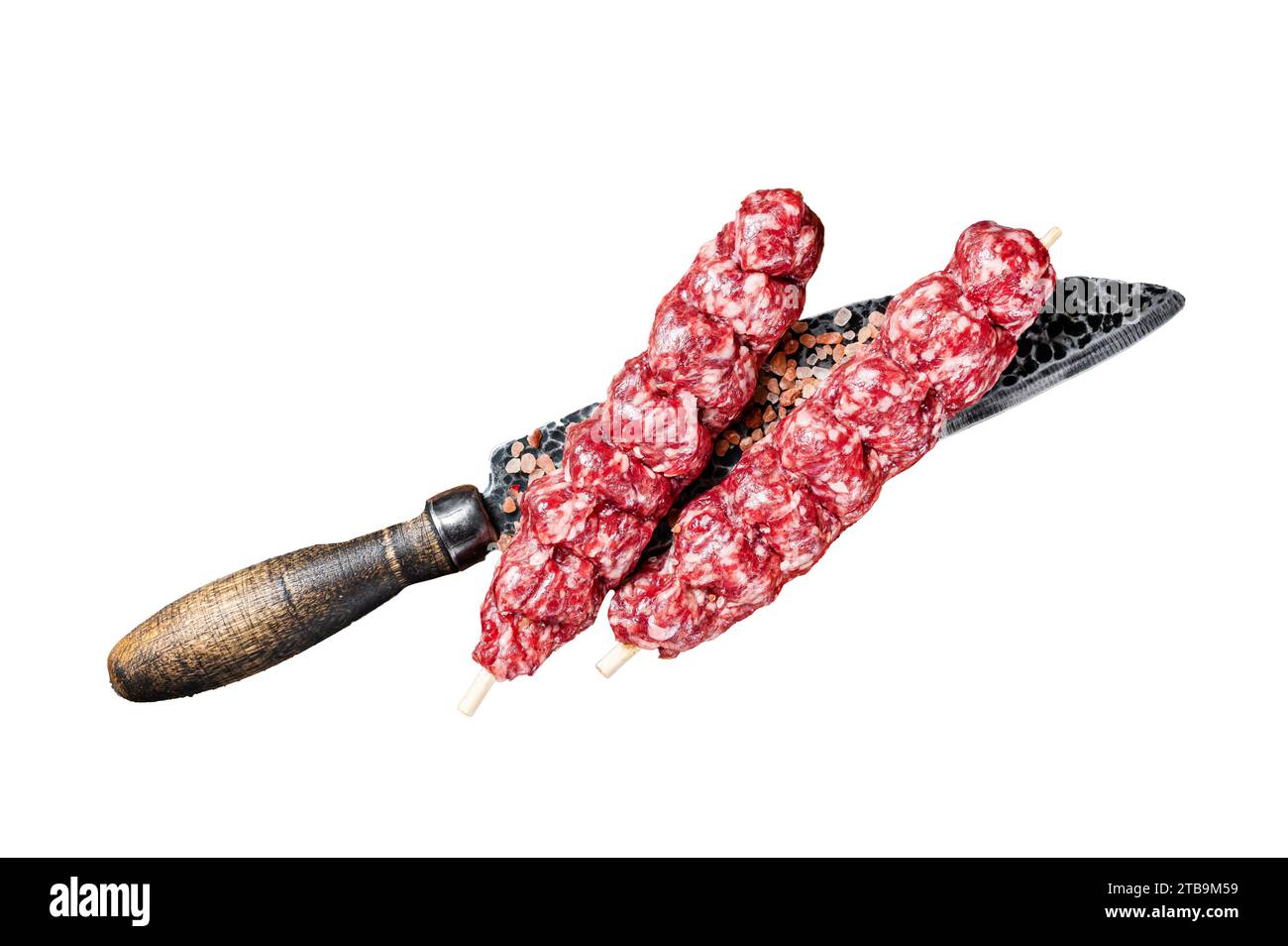 Raw kofta, kofte kebab Skewers with beef and lamb meat and spices ...