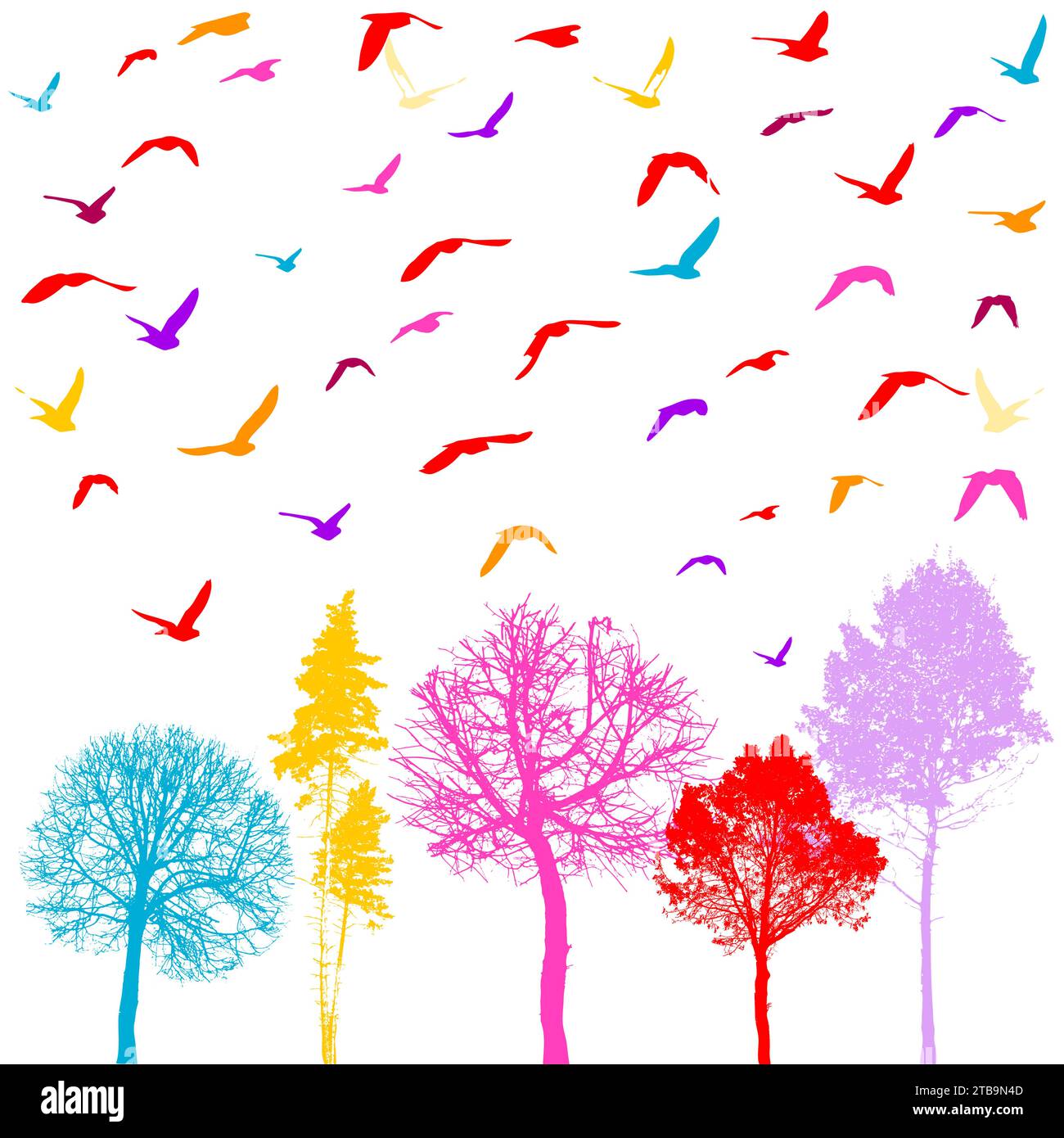 Colored birds and trees in the park. hand drawing. Not AI, Vector ...