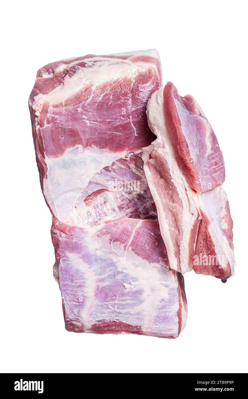 Raw pork belly with skin on a butcher table. Isolated, white background ...