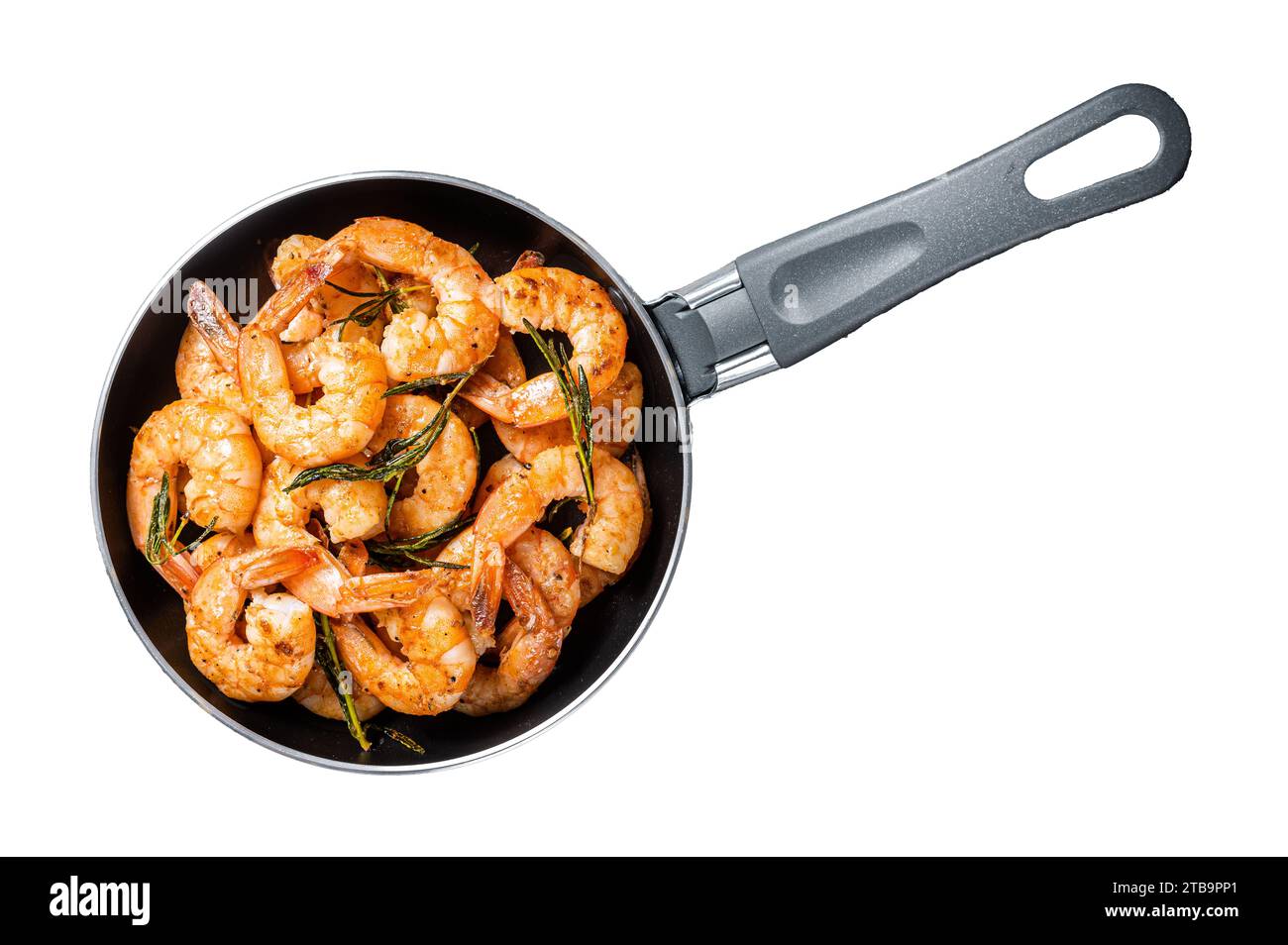 Fried with butter and garlic prawns shrimps in a skillet. Isolated ...