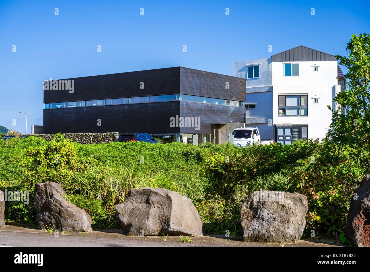 A modern two-story building with an outdoor garden featuring lush green ...