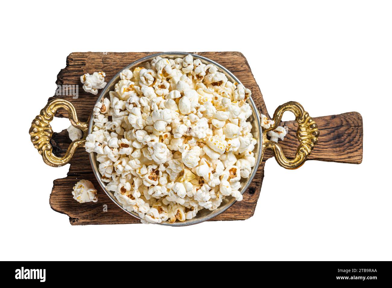 Prepared salty popcorn in a skillet and corn kernel. Isolated, white ...