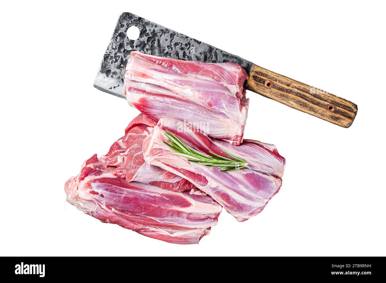 Uncooked Raw lamb mutton shanks on a butcher board. Isolated, white ...