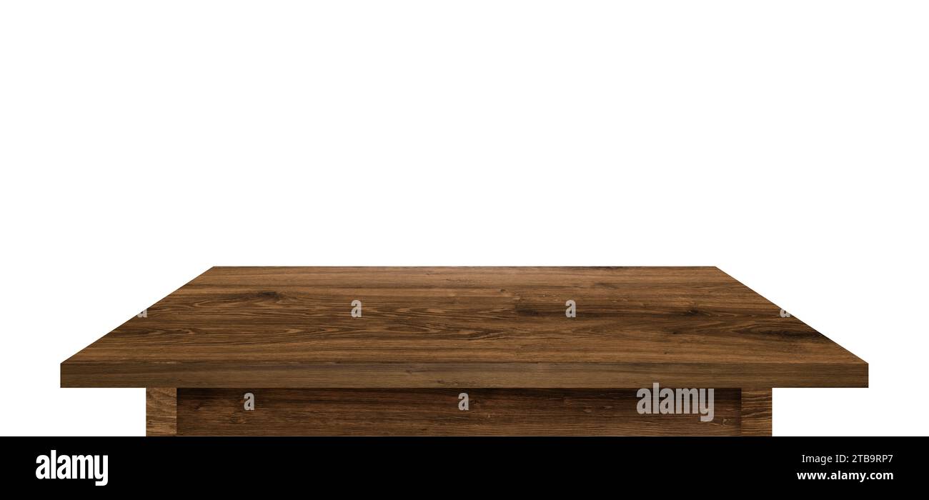 Dark wooden tabletop on white background. Mock up of empty textured ...