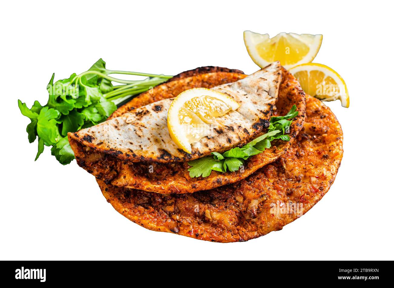 Lahmacun traditional Turkish pizza and wraps with salad on marble board ...