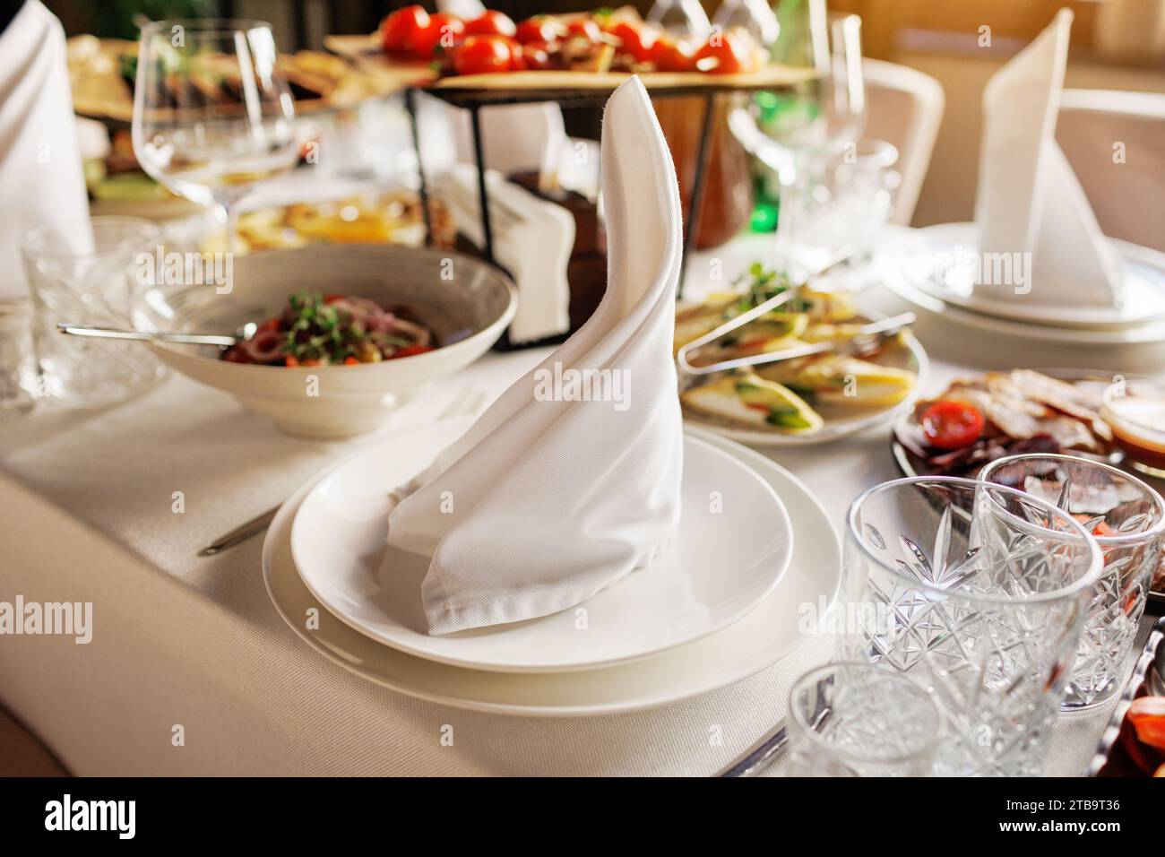 Festive serving, setting table. Plate decorated white napkin, cutlery ...