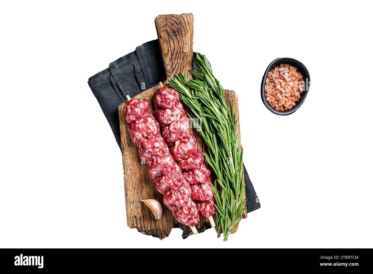 Raw traditional shish kebab Skewers with beef meat ans spices. Isolated, white background Stock ...