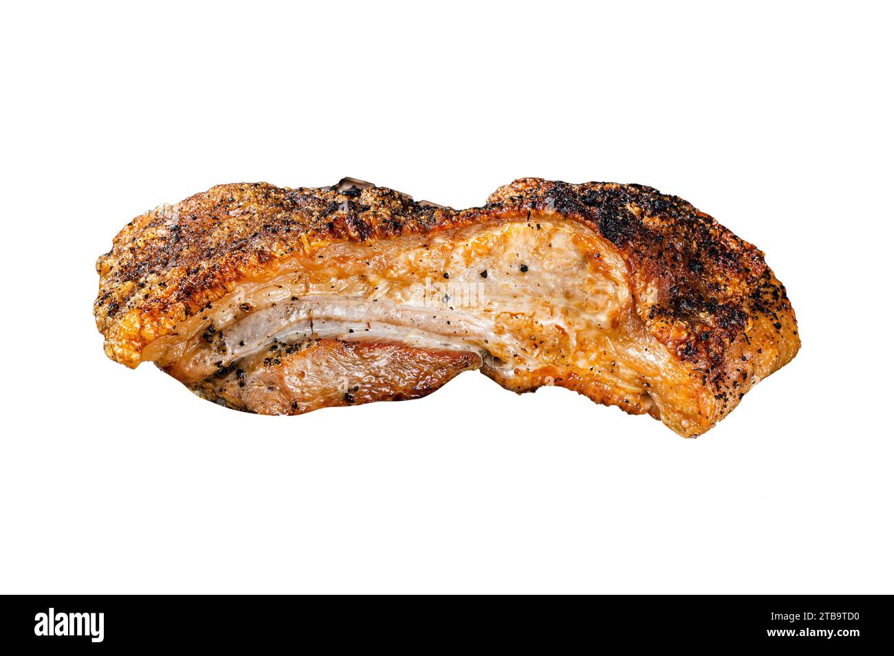 Grilled Pork belly meat on a grill with rosemary. Isolated, white ...