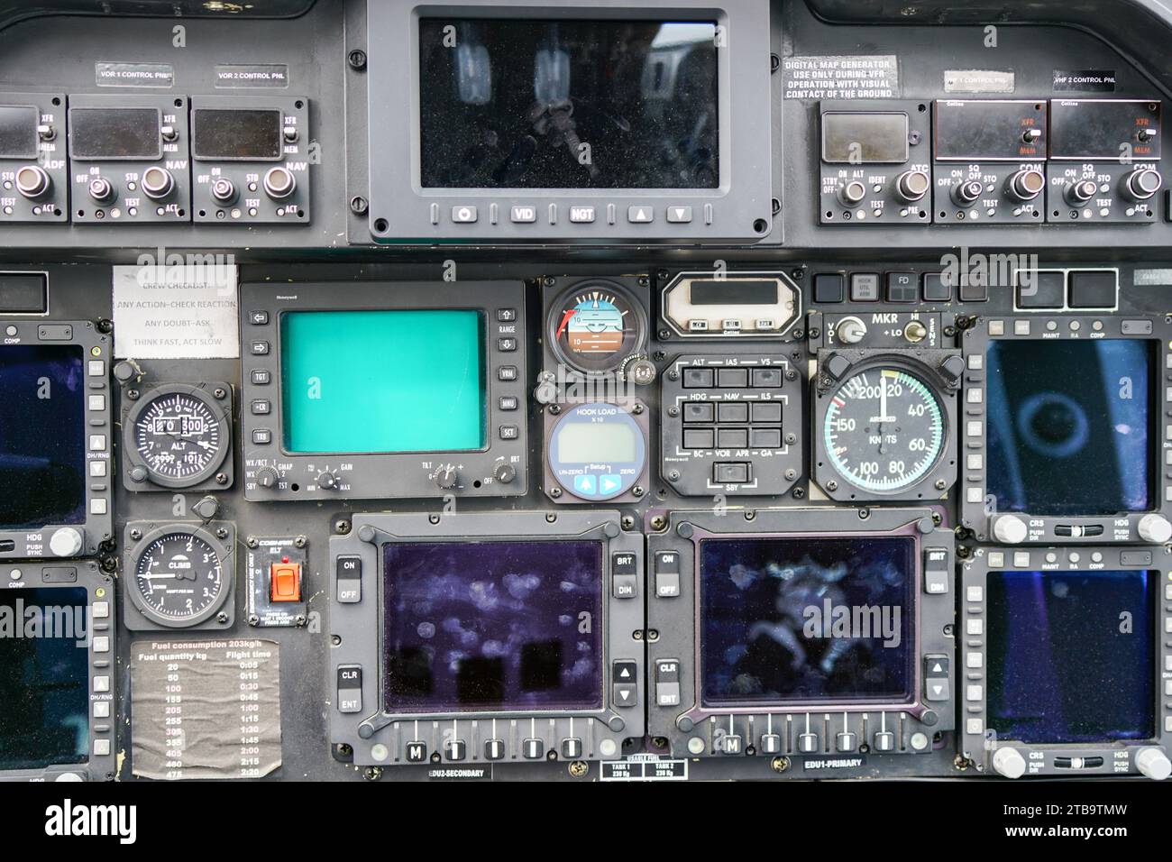 Interior view of helicopter Agusta cockpit dashboard with buttons ...